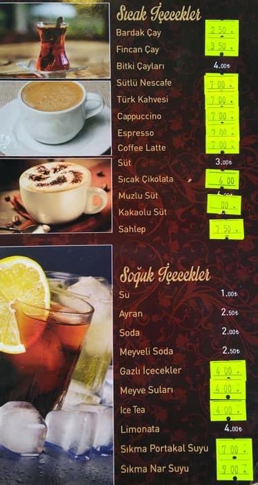 Menu at Metropol Pasta, Istanbul