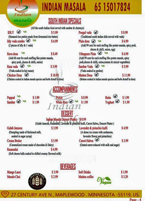 Indian Masala menu, Menu restauracji Indian Masala, Oakdale, Twin ...