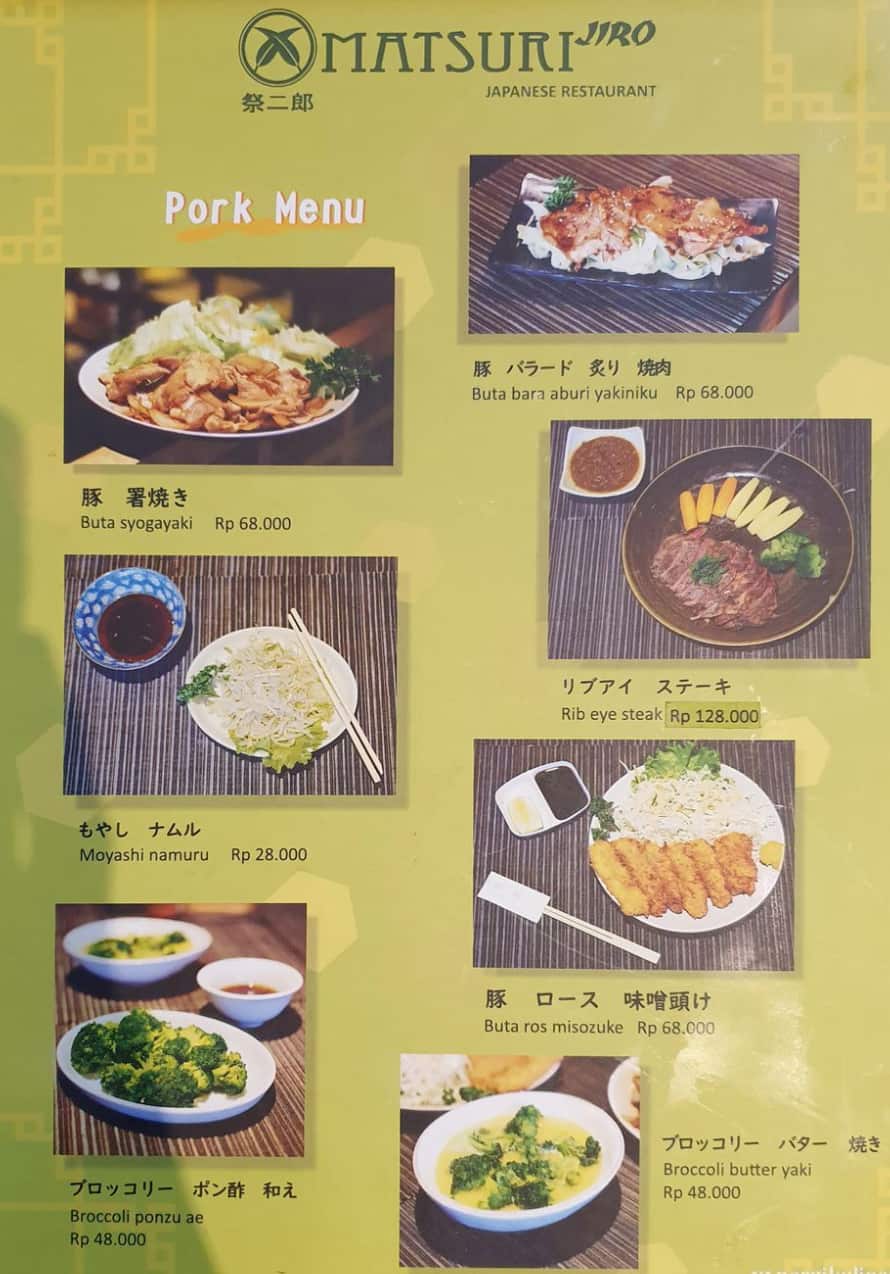 Menu at Matsuri Jiro restaurant, Bandung