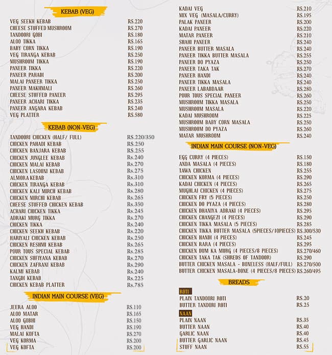 Menu of Pour Tous, Patliputra Colony, Patna