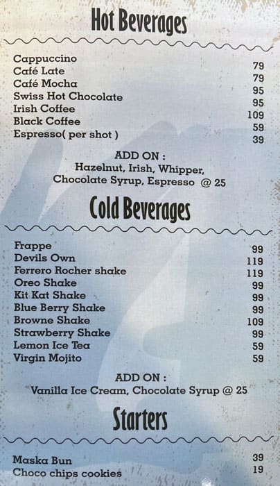 Menu at Deja bru cafe, New Delhi