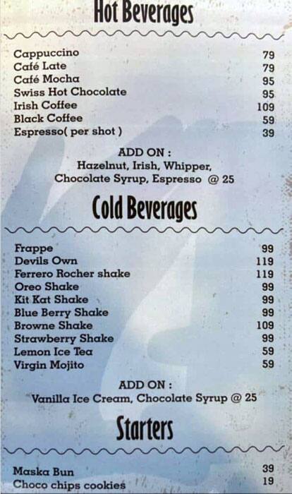 Menu at Deja bru cafe, New Delhi