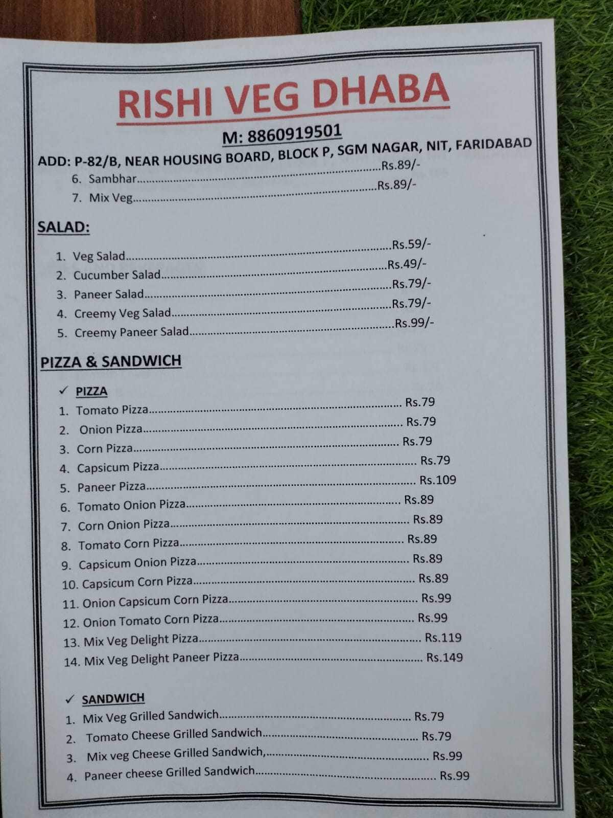 Menu of Rishi Veg Dhaba, Sainik Colony, Faridabad