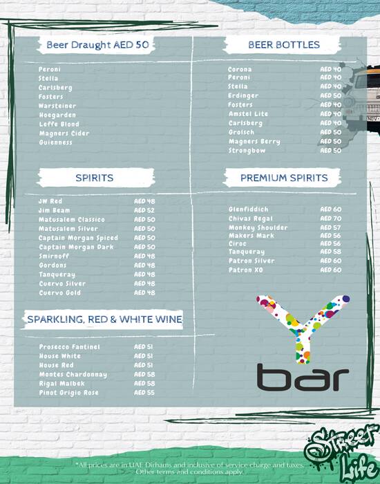 Menu at Y bar, Abu Dhabi