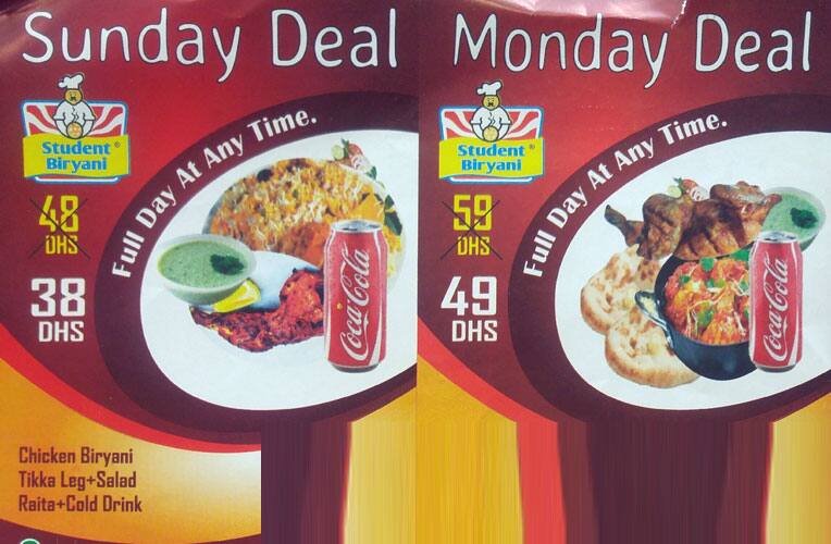 Menu at Student Biryani restaurant, Abu Dhabi, Beside Al Masraf Bank