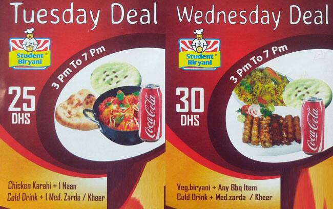 Menu at Student Biryani restaurant, Abu Dhabi, Beside Al Masraf Bank