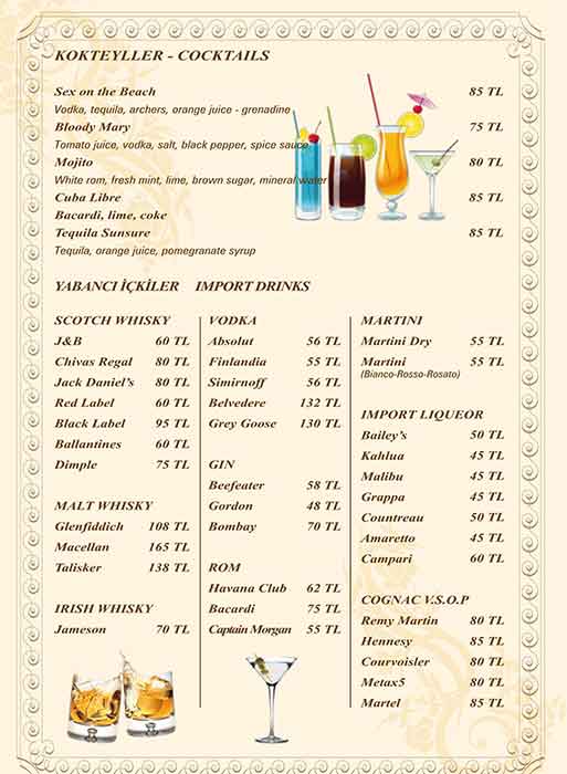 Menu at Seven Hills, Istanbul