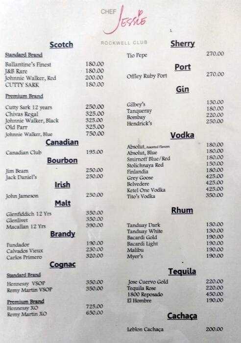 Menu at Chef Jessie Rockwell Club, Makati