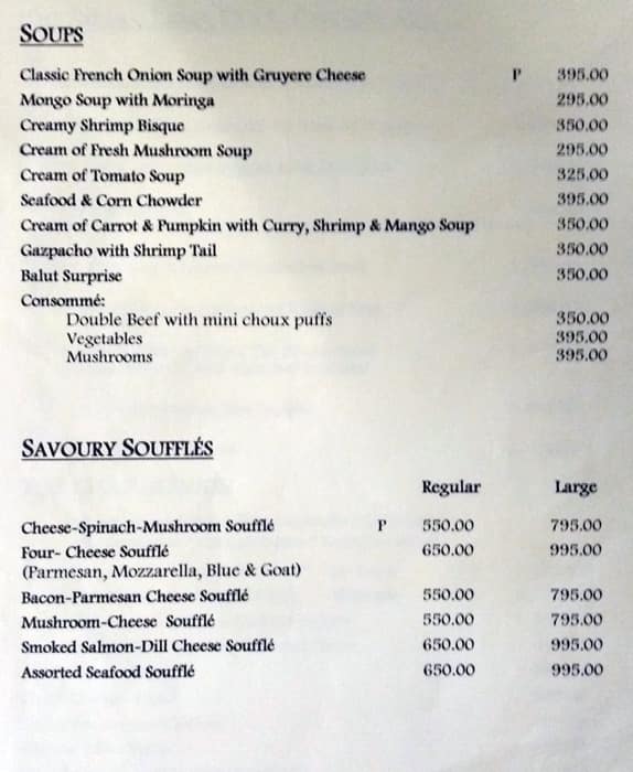 Menu at Chef Jessie Rockwell Club, Makati