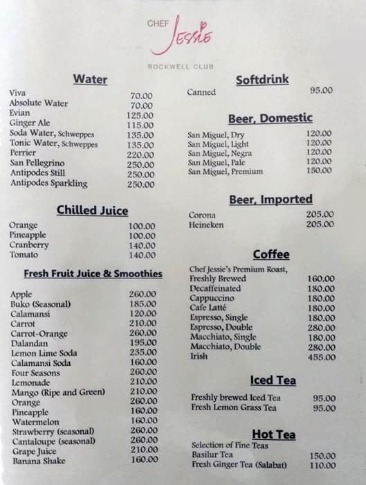 Menu at Chef Jessie Rockwell Club, Makati