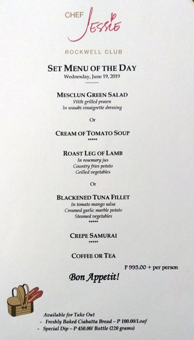 Menu at Chef Jessie Rockwell Club, Makati