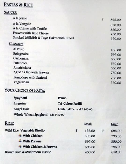 Menu at Chef Jessie Rockwell Club, Makati