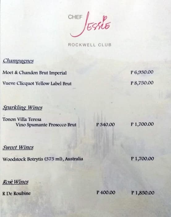 Menu at Chef Jessie Rockwell Club, Makati