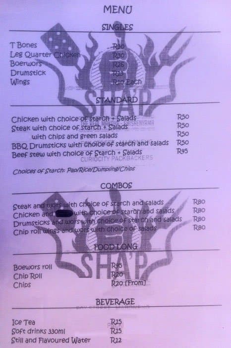 Menu at Sharp! Braai Corner restaurant, Johannesburg