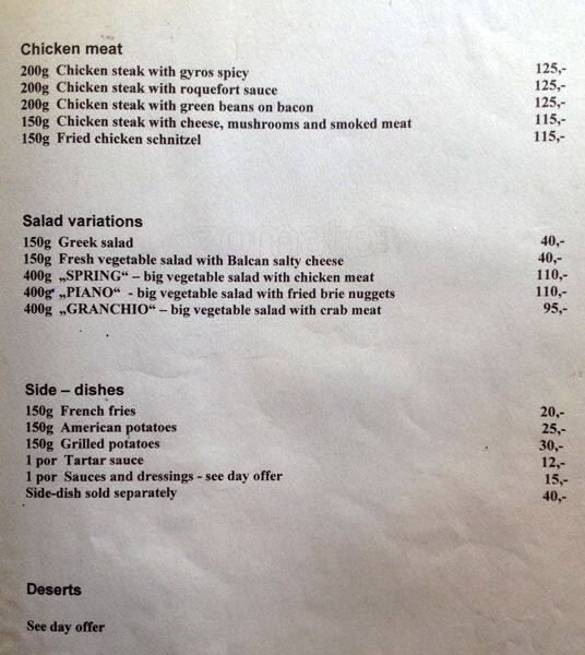 Menu at Piano pub & bar, Prague, Šternberkova 766/19