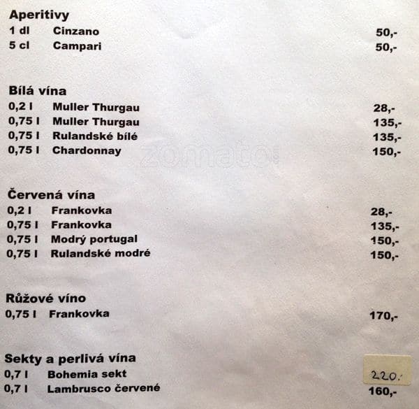 Menu at Piano pub & bar, Prague, Šternberkova 766/19
