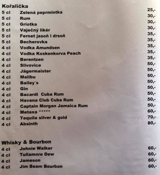 Menu at Piano pub & bar, Prague, Šternberkova 766/19