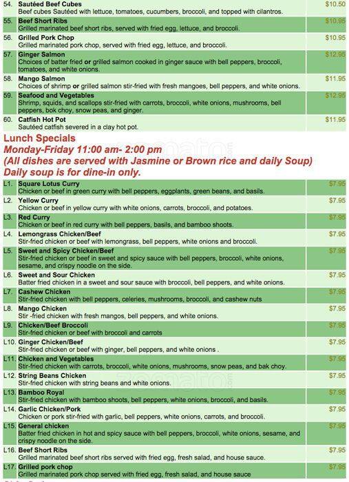 Menu at Square Lotus restaurant, Bellevue