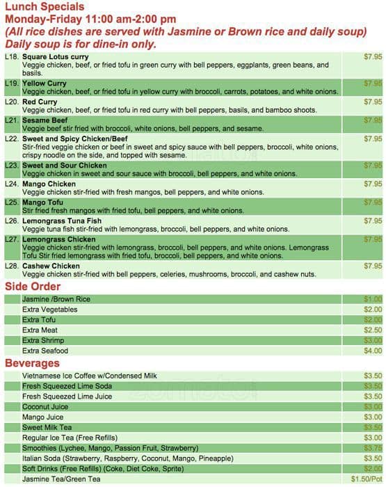 Menu at Square Lotus restaurant, Bellevue