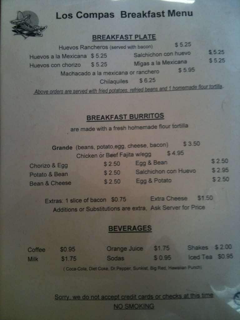 Menu at Los Compas restaurant, Galveston