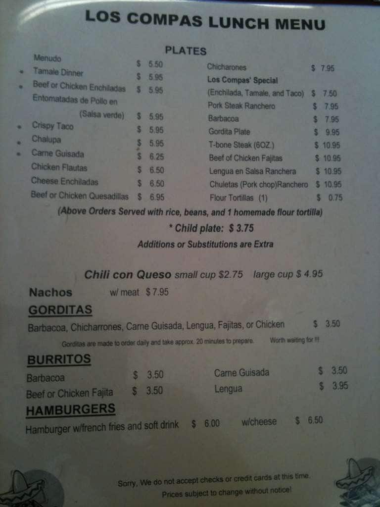 Menu at Los Compas restaurant, Galveston