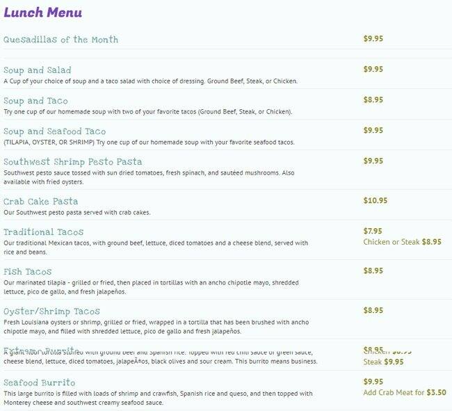 Menu at Agave Mexican restaurant, Lafayette