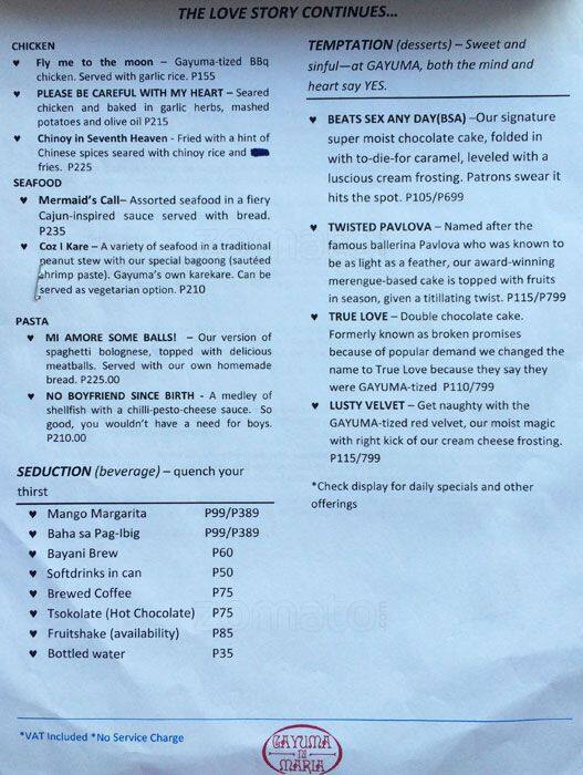 Menu at Gayuma ni Maria, Cebu City