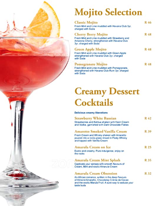 Menu at Adega restaurant, Nelspruit