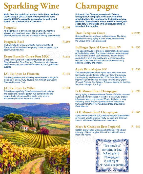 Menu at Adega restaurant, Nelspruit