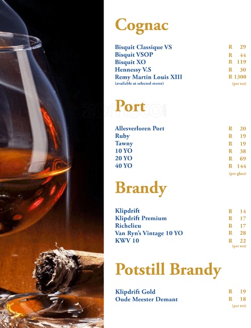 Menu at Adega restaurant, Nelspruit