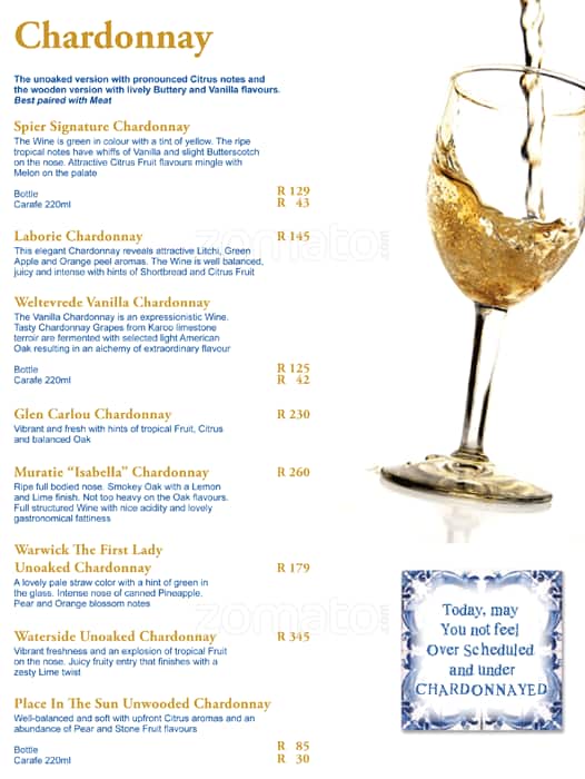 Menu at Adega restaurant, Nelspruit