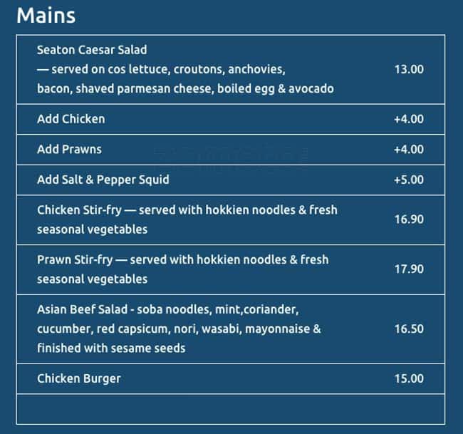 Menu at Seaton Hotel restaurant, Seaton