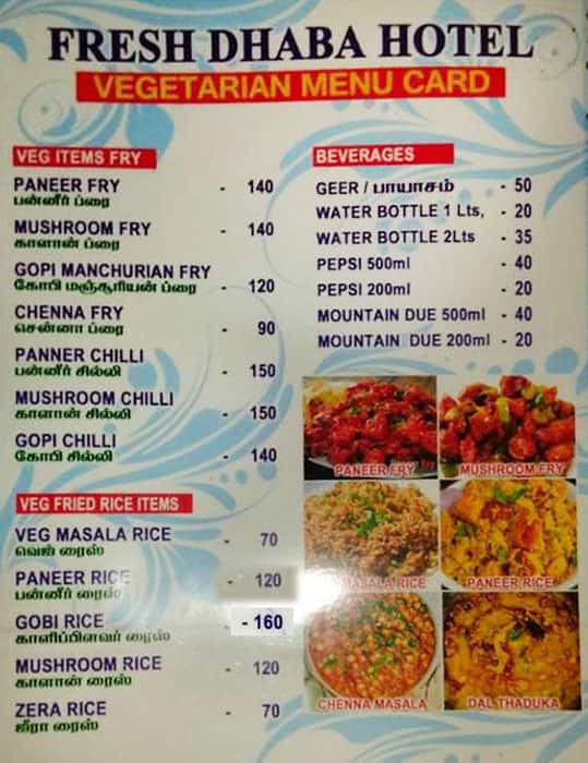 Menu of Fresh Dhaba, Red Hills, Chennai