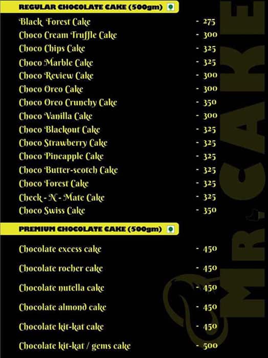 Menu of MR Cake, Bhadra, Ahmedabad