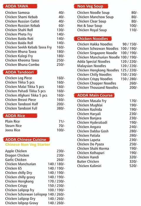 Menu of Jal Vayu Adda, Kharghar, Navi Mumbai