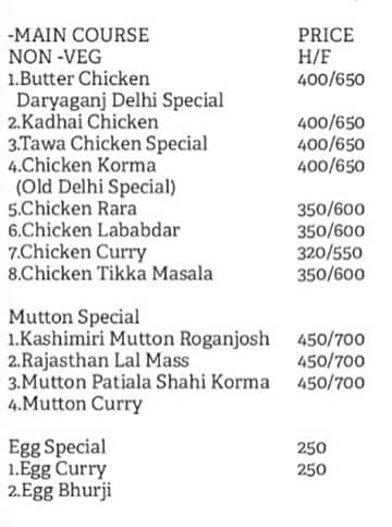 Menu of The Tawa, Sector 49, Gurgaon