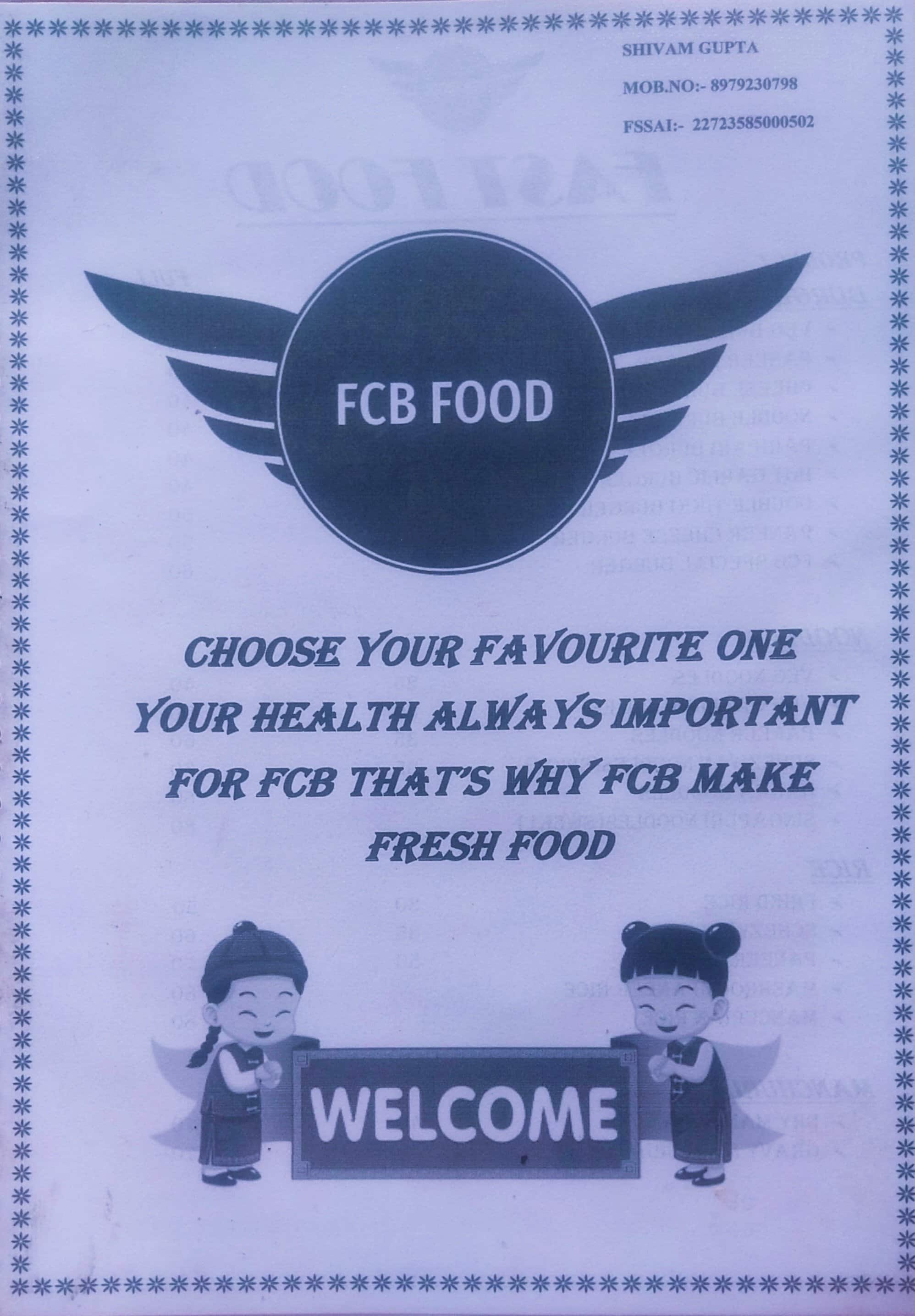 Menu of FCB Food, Gopal Pura, Agra