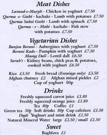Menu at Afghan Kitchen restaurant, London, 35 Islington Grn