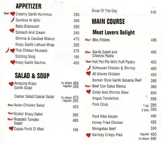 Krazy Garlik Menu, Menu for Krazy Garlik, Greenhills, San Juan City ...