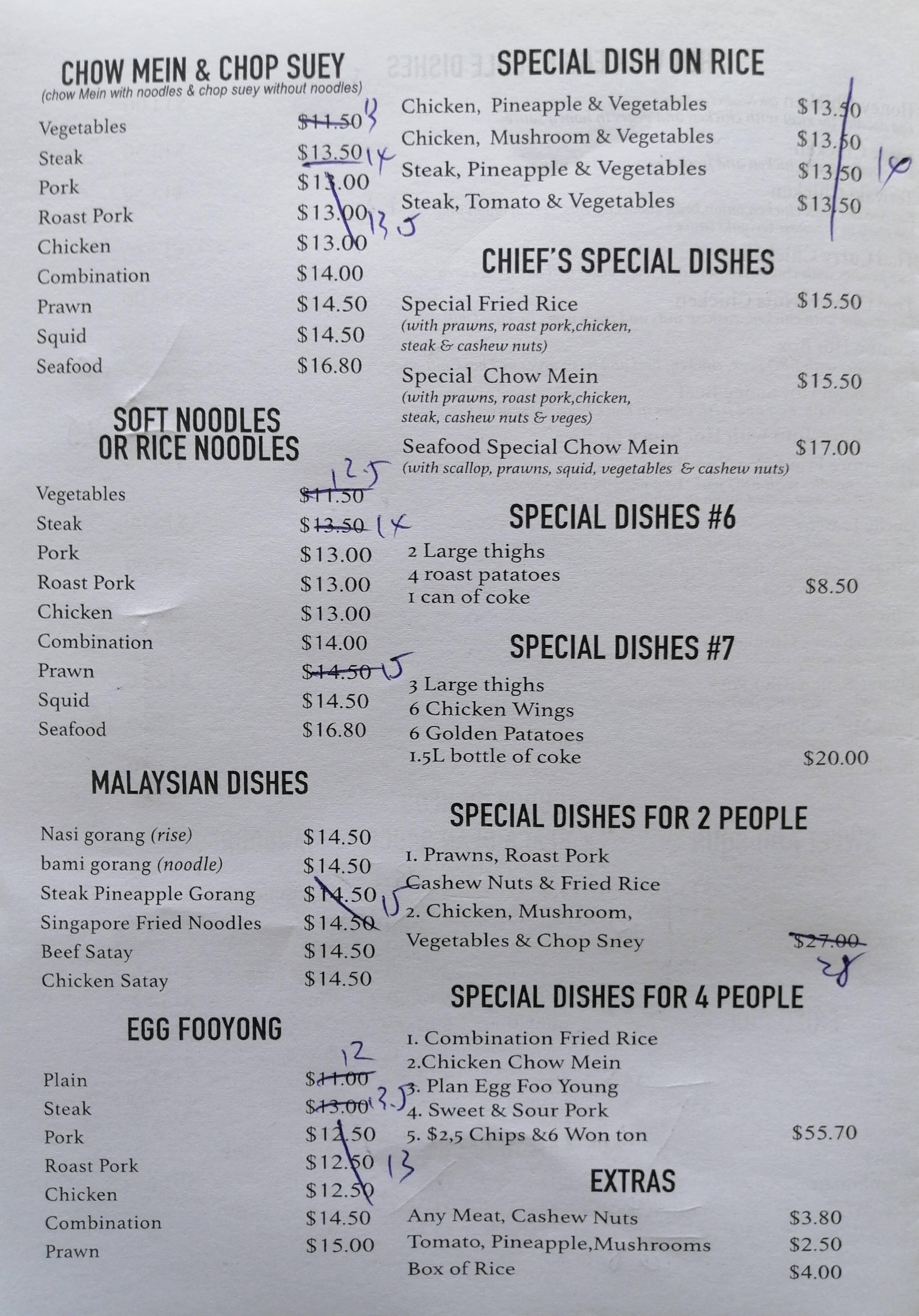 Menu at Sunnynook Fastfood restaurant, Auckland