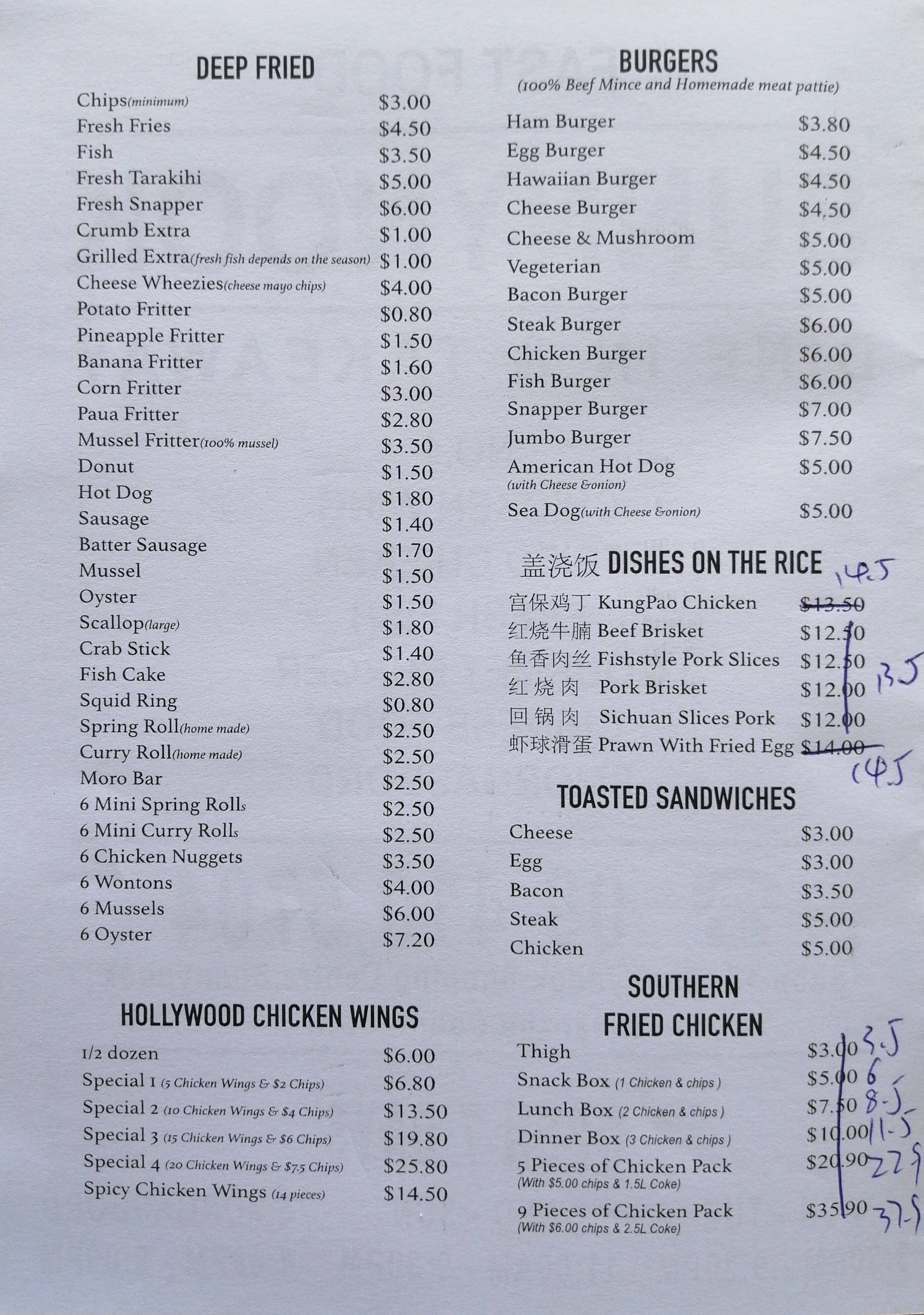 Menu at Sunnynook Fastfood restaurant, Auckland