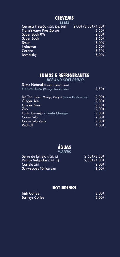 Menu at Restaurante Astoria, Lisbon