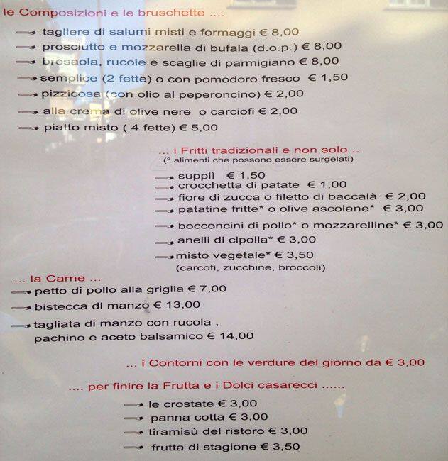 Menu at Il Ristoro restaurant, Rome, Via Giuseppe Palombini