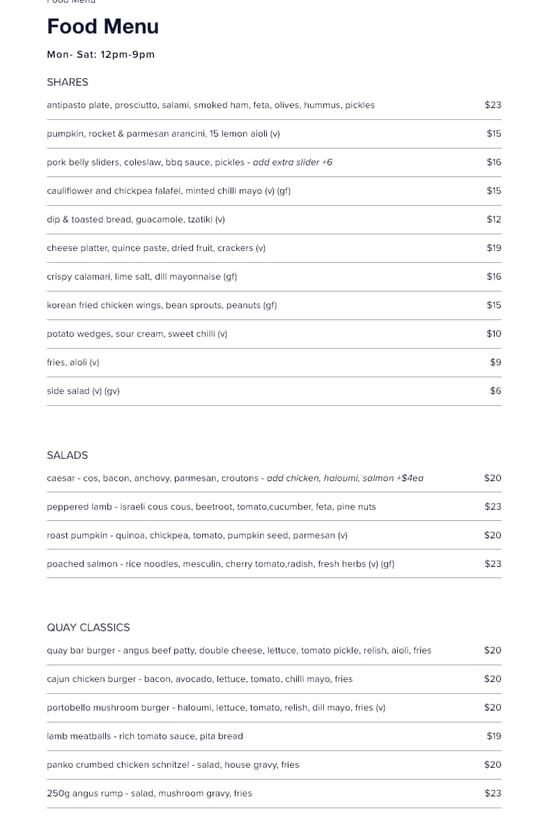 Menu at Quay Bar, Sydney, 31 Alfred St