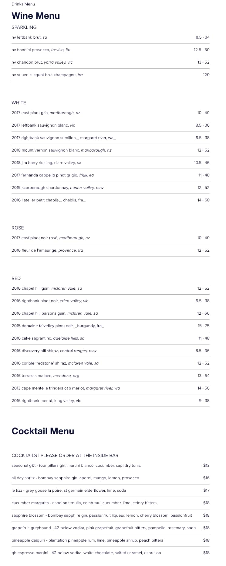Menu at Quay Bar, Sydney, 31 Alfred St