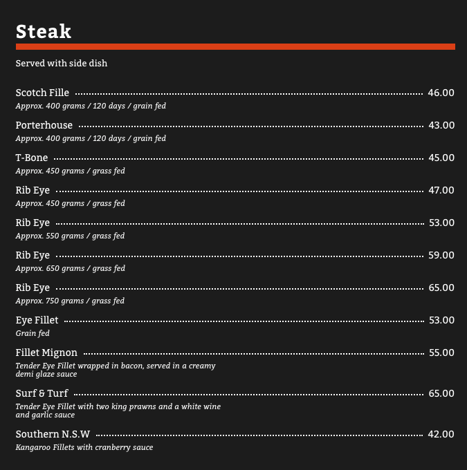 Menu at Lygon Charcoal Grill & Steakhouse, Melbourne