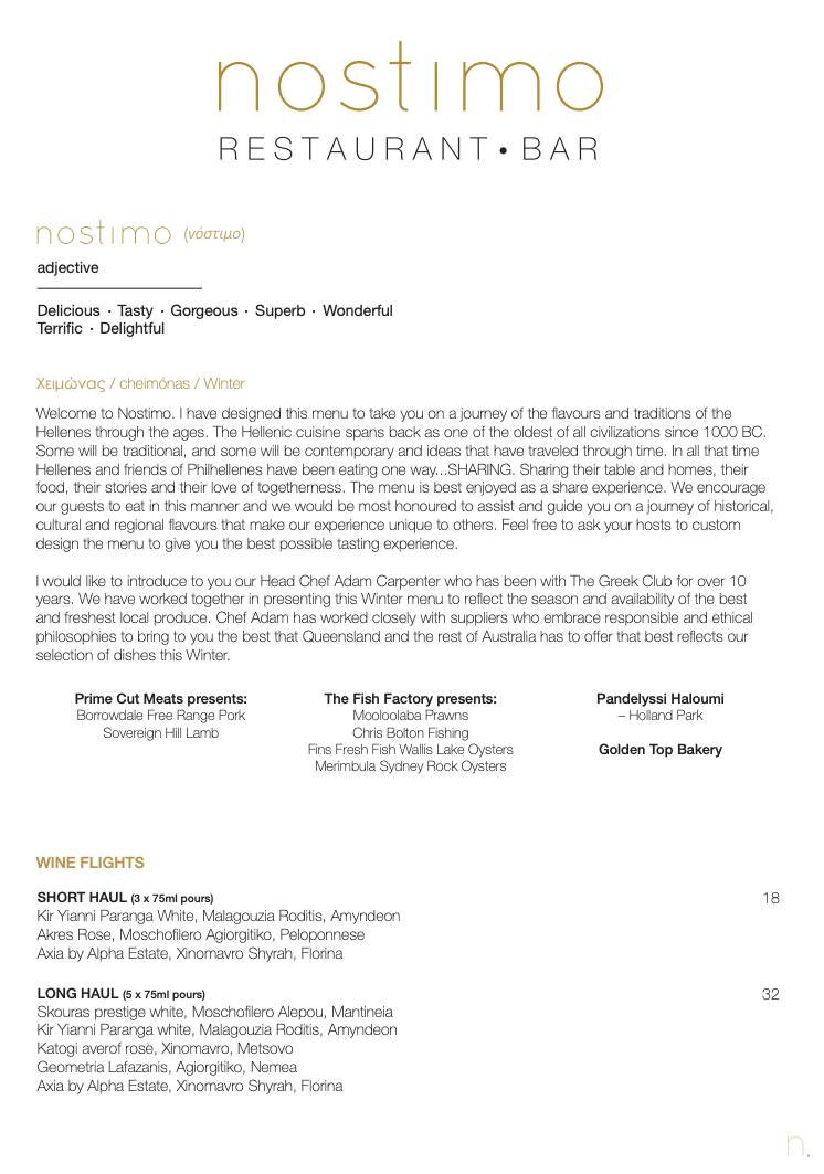 Menu at Nostimo Restaurant Bar, South Brisbane