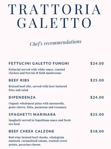 Menu at Trattoria Galetto restaurant, Subiaco