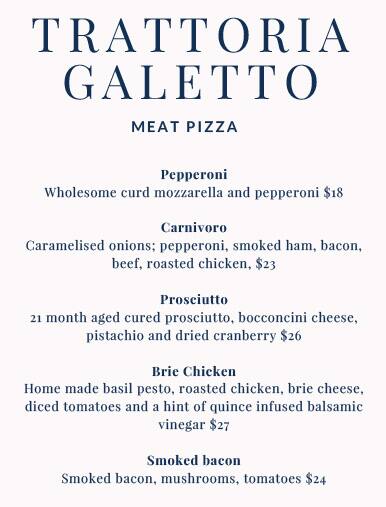 Menu at Trattoria Galetto restaurant, Subiaco