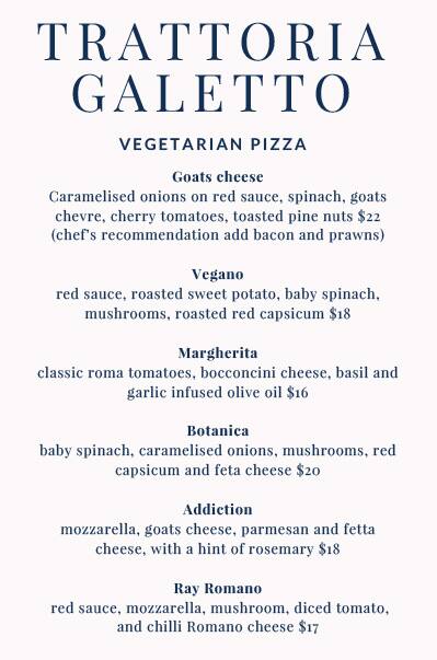 Menu at Trattoria Galetto restaurant, Subiaco